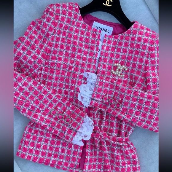 CHANEL | Jackets & Coats | Chanel Pink White Tweed Jacket Blazer 29 ...